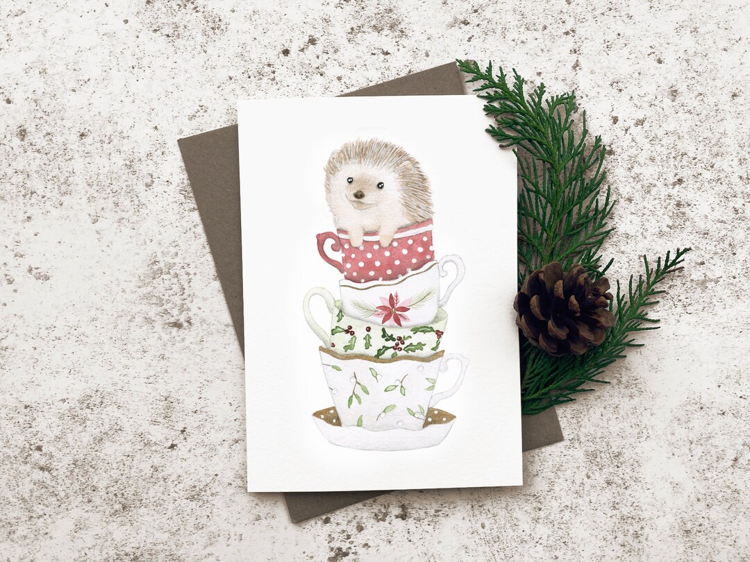 Hedgehog Christmas Card Teacup Watercolour Illustrated - Etsy
