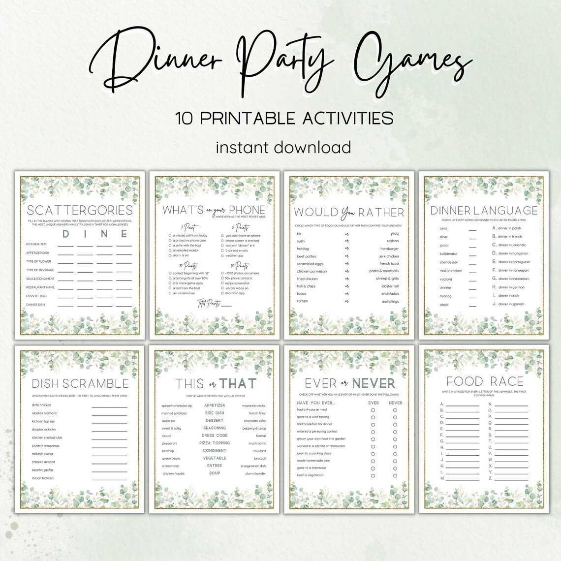 Dinner Party Games Printable, Dinner Party Activities, Minimalist Party ...