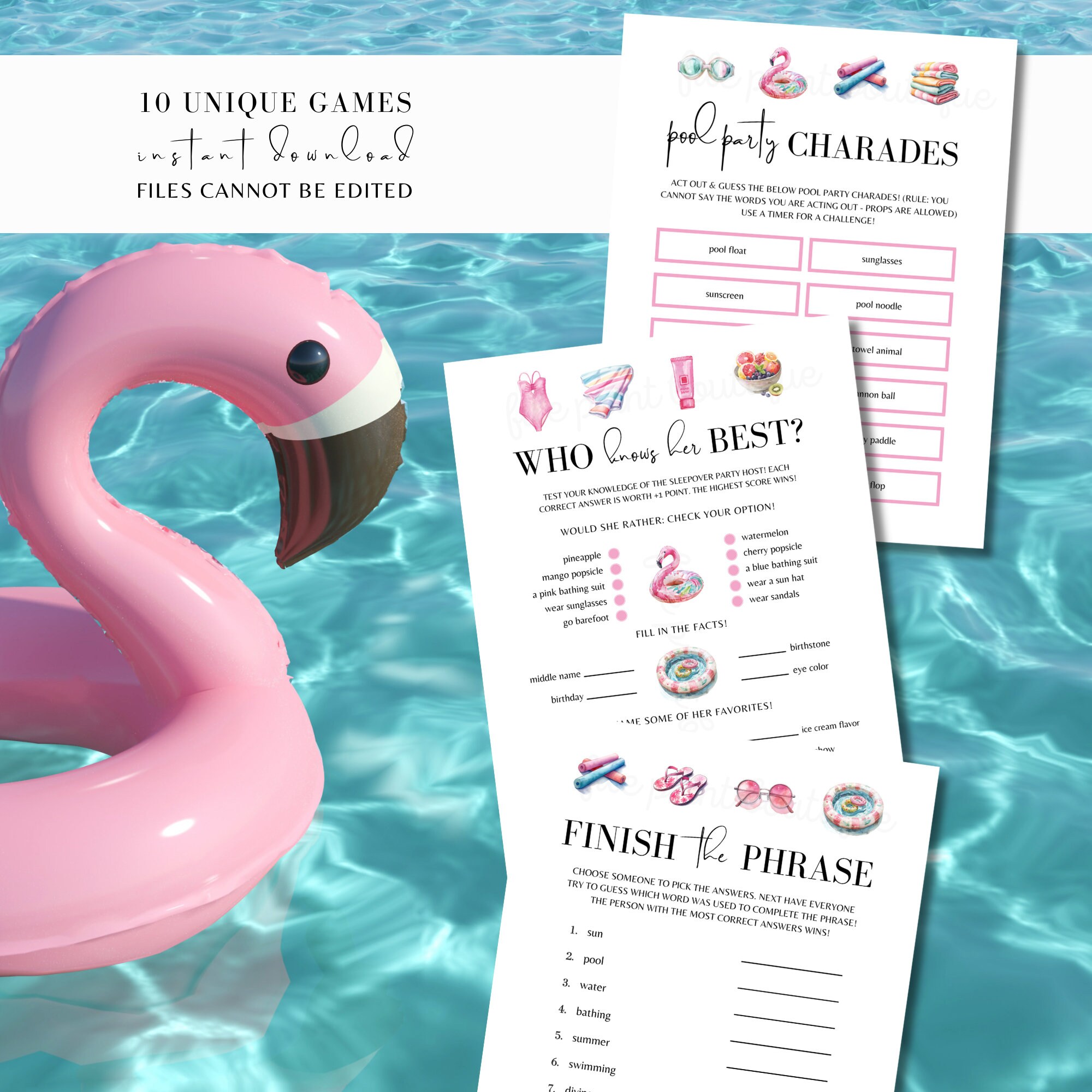 Pool Party Games Printable, Printable Pool Party Games, Pool Party Game ...