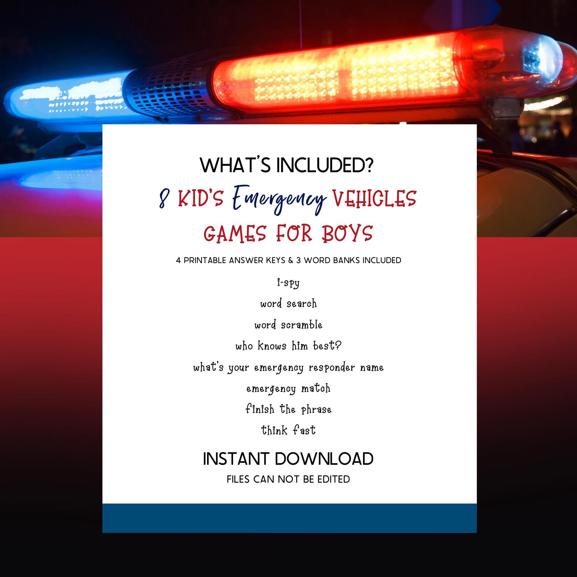 Emergency Vehicles Party Games: Printable Birthday Activities (digital ...