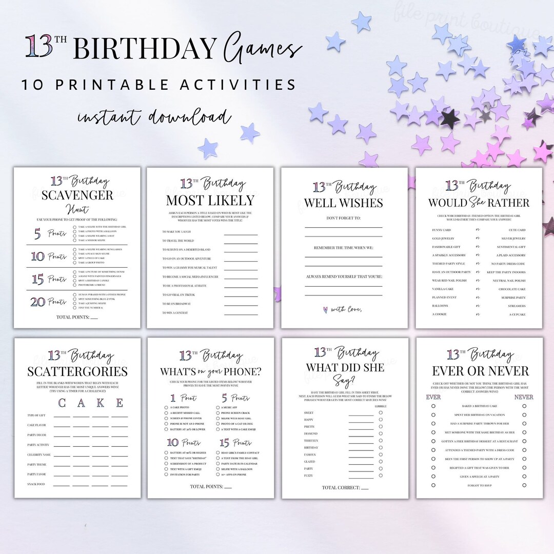 13th Birthday Printable Games, 13th Birthday Scavenger Hunt, 13th ...