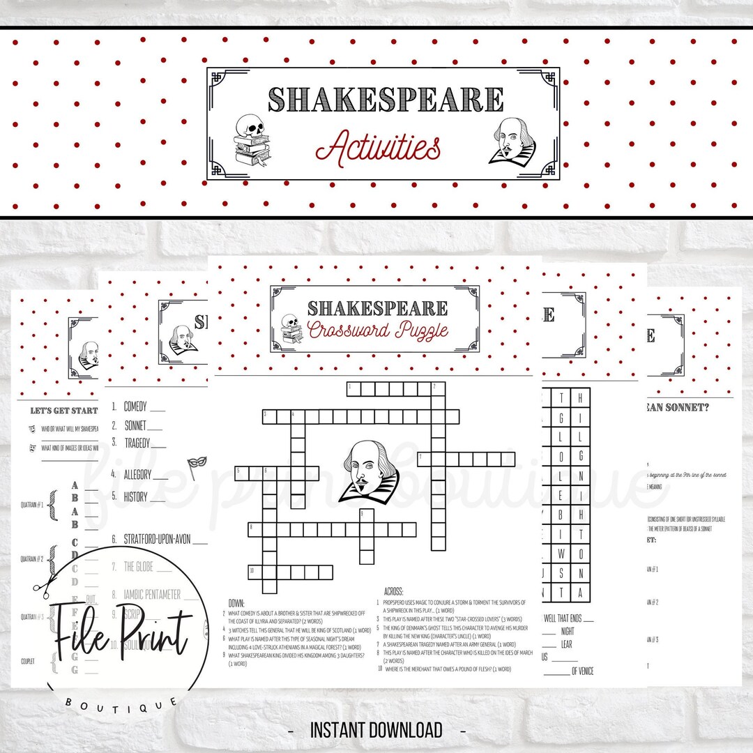Shakespeare Printable Activities Bundle: Crossword, Word Search, Sonnet ...