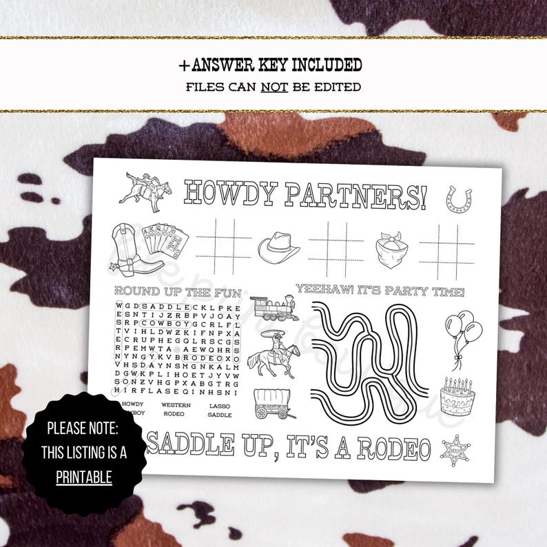 Cowboy Birthday Activity Page: Printable Coloring Placemat (digital ...