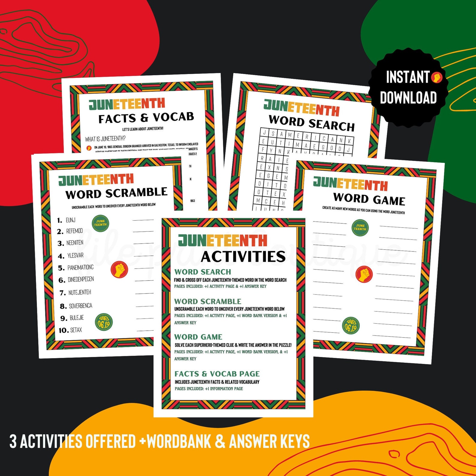 Juneteenth Kids Activity Bundle, Juneteenth Activities, Juneteenth Word ...