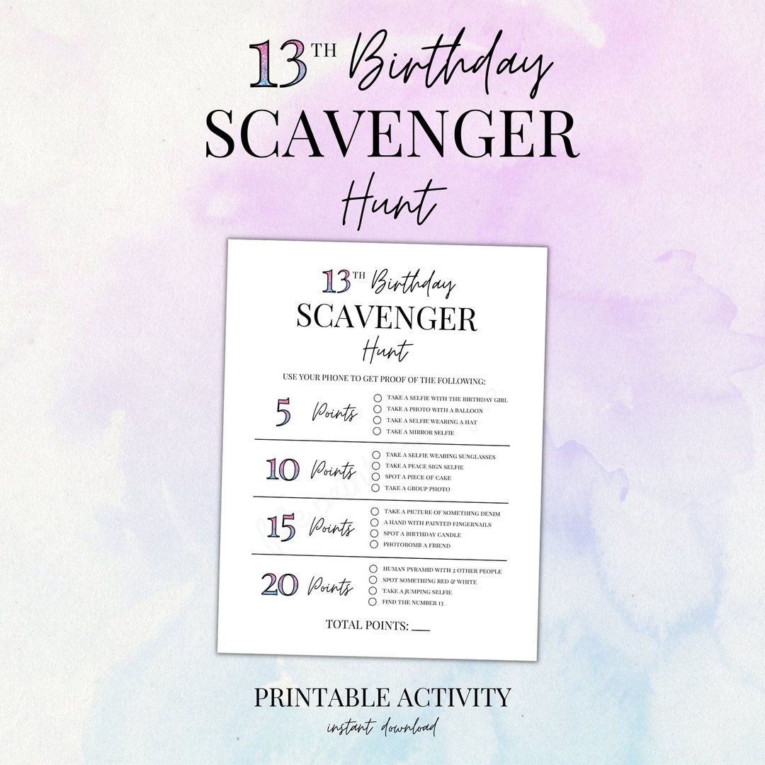 13th Birthday Scavenger Hunt Printable, Birthday Scavenger Hunt for ...