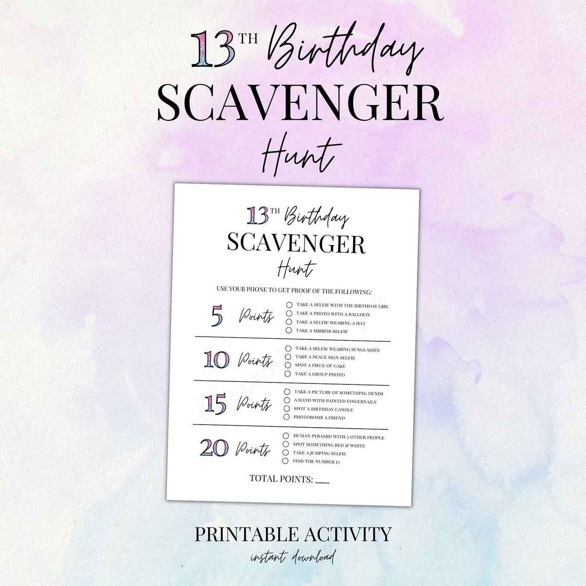 13th Birthday Scavenger Hunt Printable, Birthday Scavenger Hunt for ...