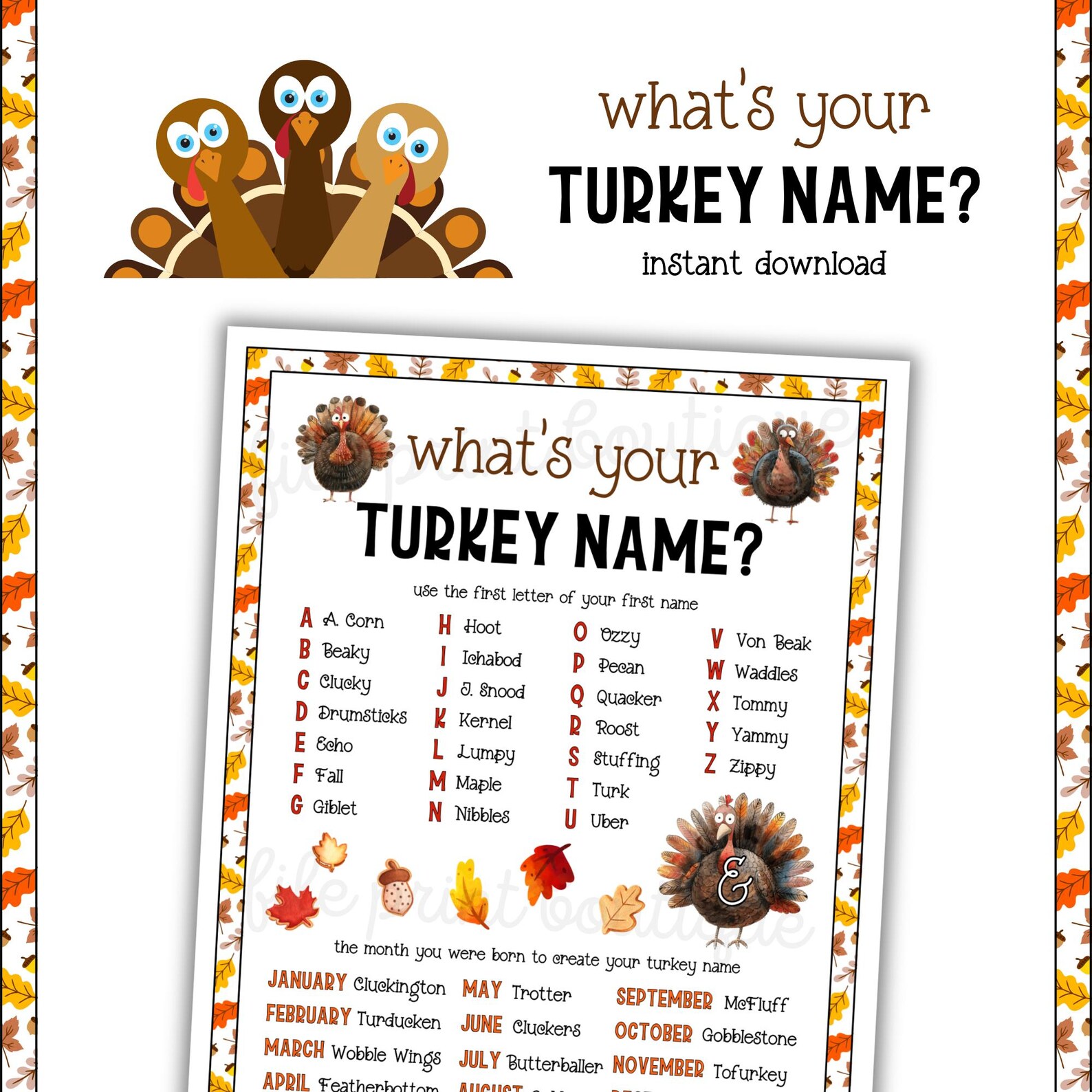 Turkey Name Creator Printable, Thanksgiving Name Creator, Fun ...
