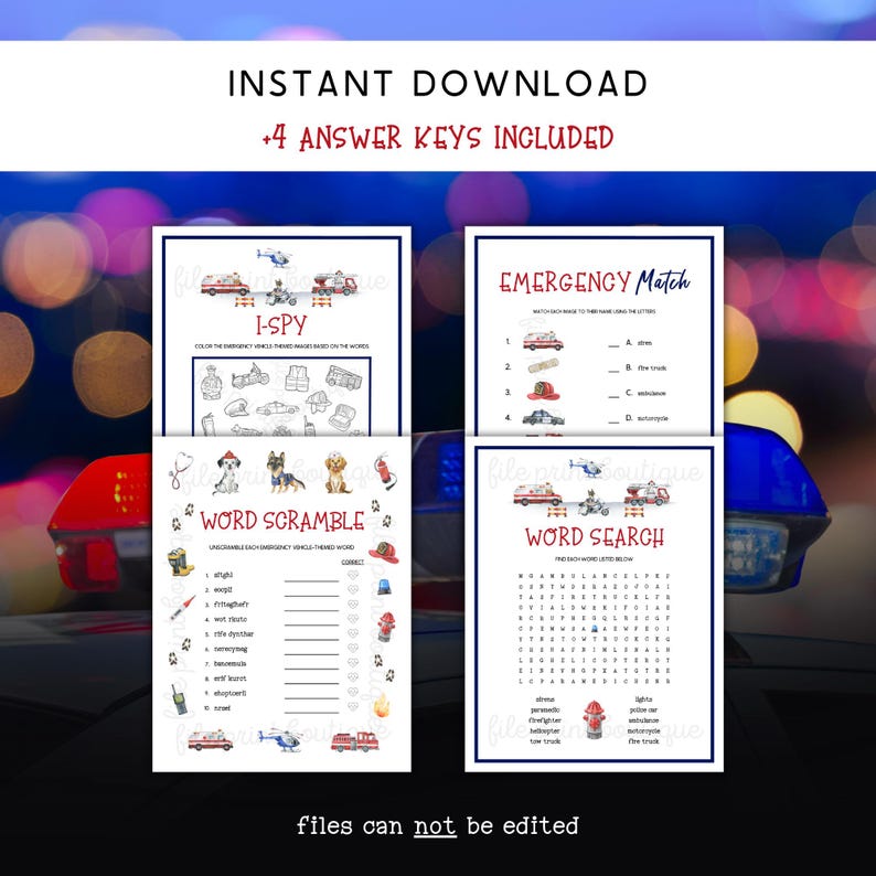 Emergency Vehicles Party Games: Printable Birthday Activities (digital ...