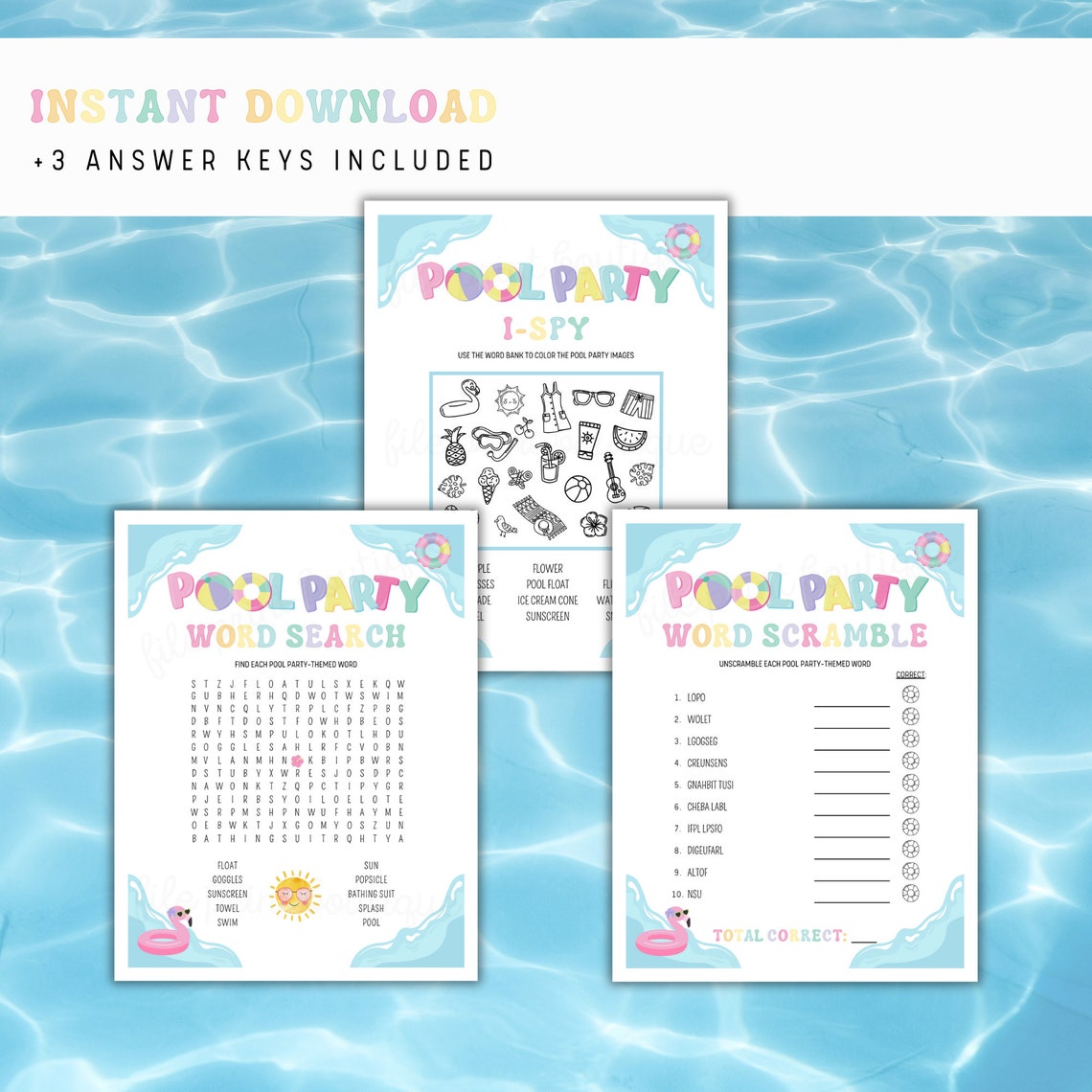 Pool Party Games for Kids Printable, Printable Pool Party Games, Pool ...
