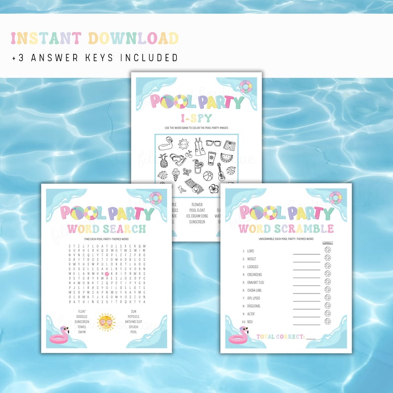 Pool Party Games for Kids Printable, Printable Pool Party Games, Pool ...