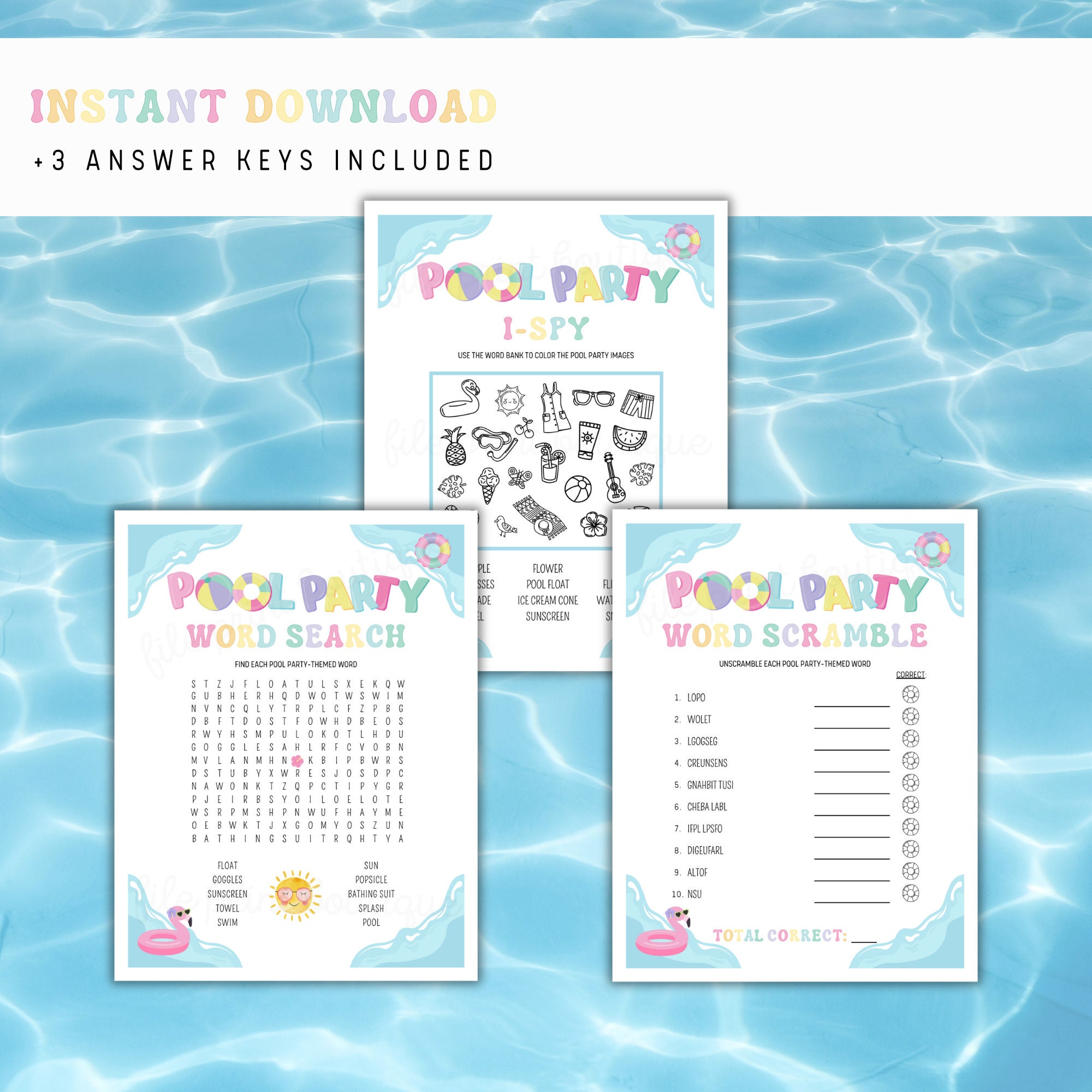 Pool Party Games for Kids Printable, Printable Pool Party Games, Pool ...