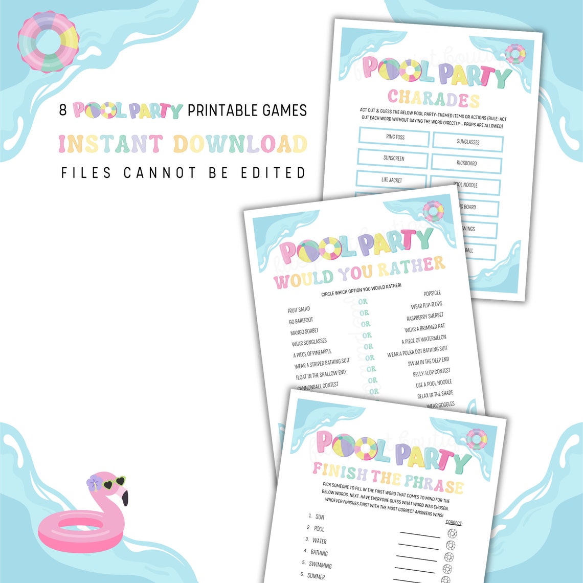 Pool Party Games for Kids Printable, Printable Pool Party Games, Pool ...