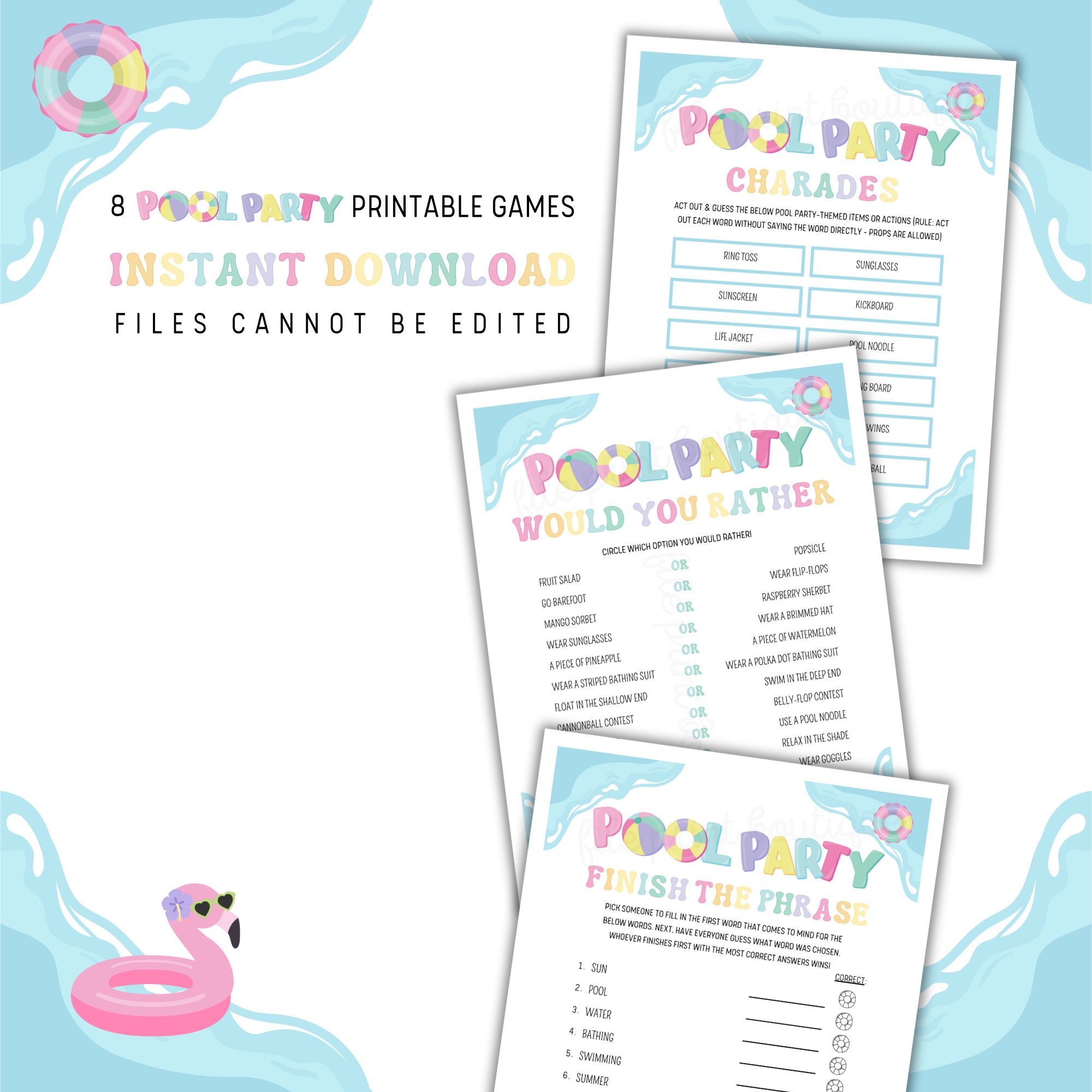 Pool Party Games for Kids Printable, Printable Pool Party Games, Pool ...
