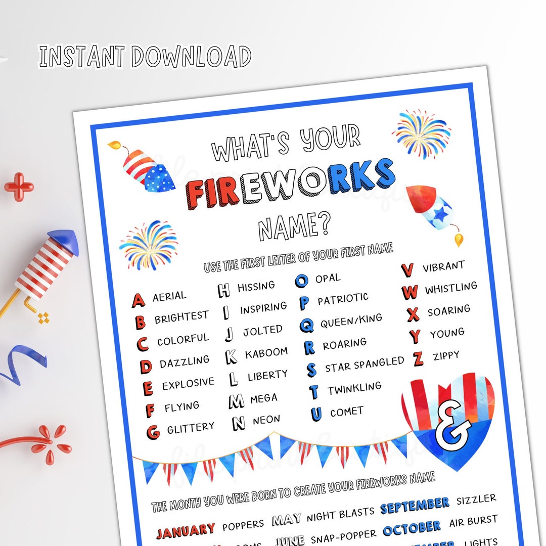What's Your Fireworks Name Printable, Printable Fireworks Name Creator ...