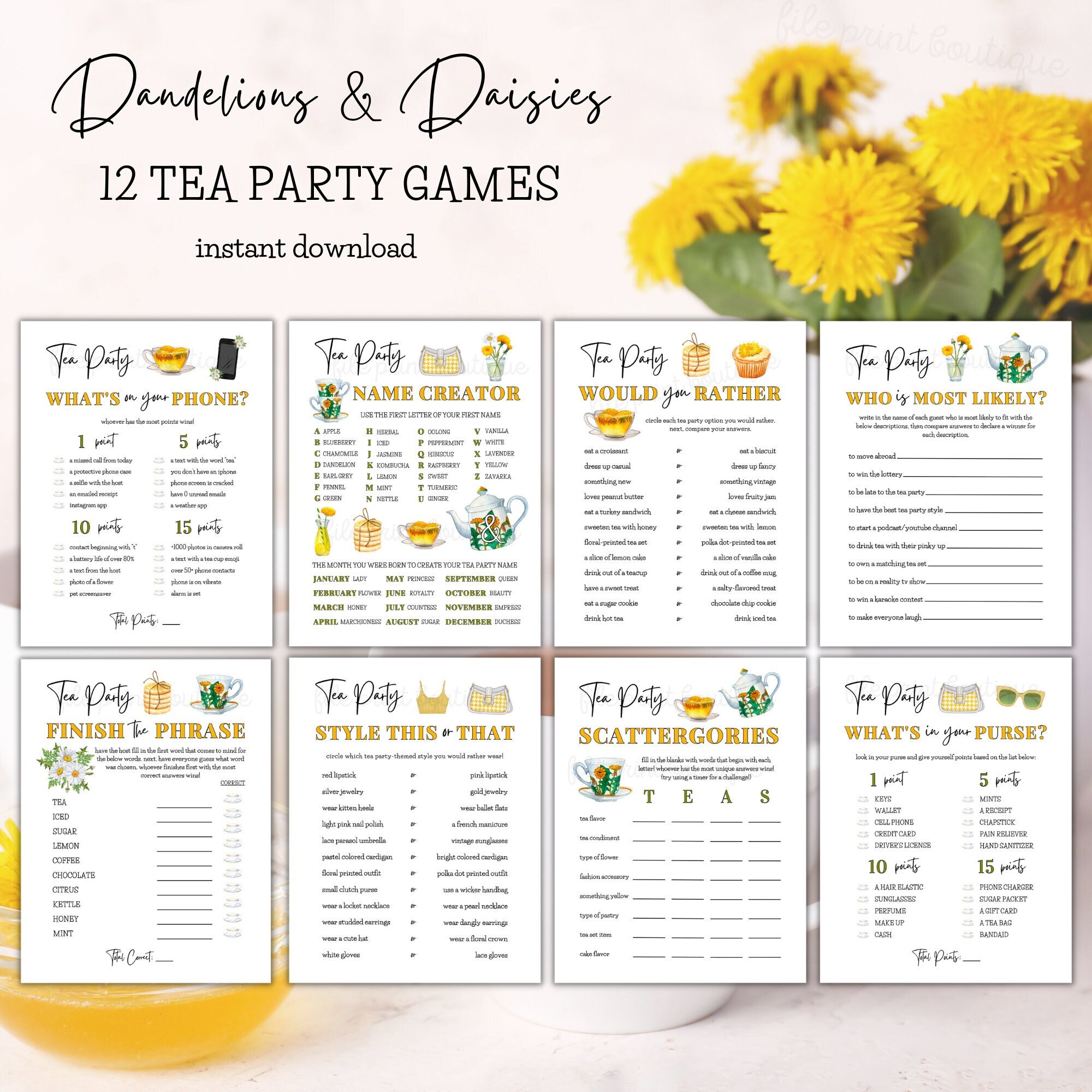 Tea Party Printable Games Dandelions and Daisies Tea Party - Etsy