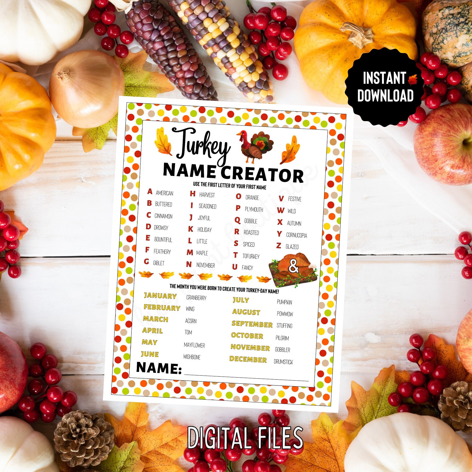 Turkey Name Creator Printable Thanksgiving Name Creator Fun - Etsy