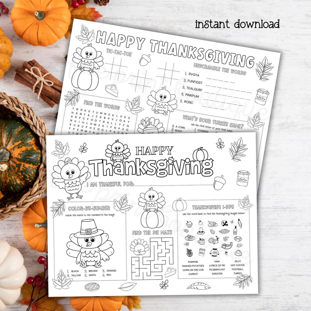 Thanksgiving Activity Page for Kids, Printable Coloring Placemat, Kid's ...