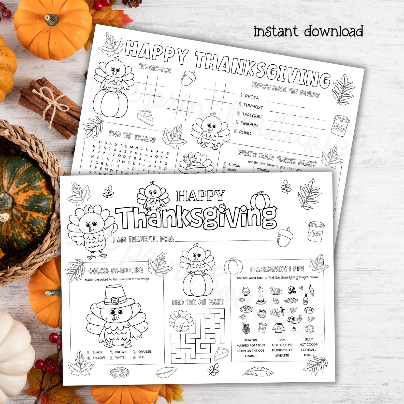 Thanksgiving Activity Page for Kids, Printable Coloring Placemat, Kid's ...