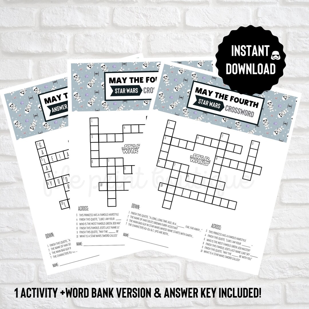 May the 4th Star Wars Printable Kids Crossword Puzzle Star - Etsy