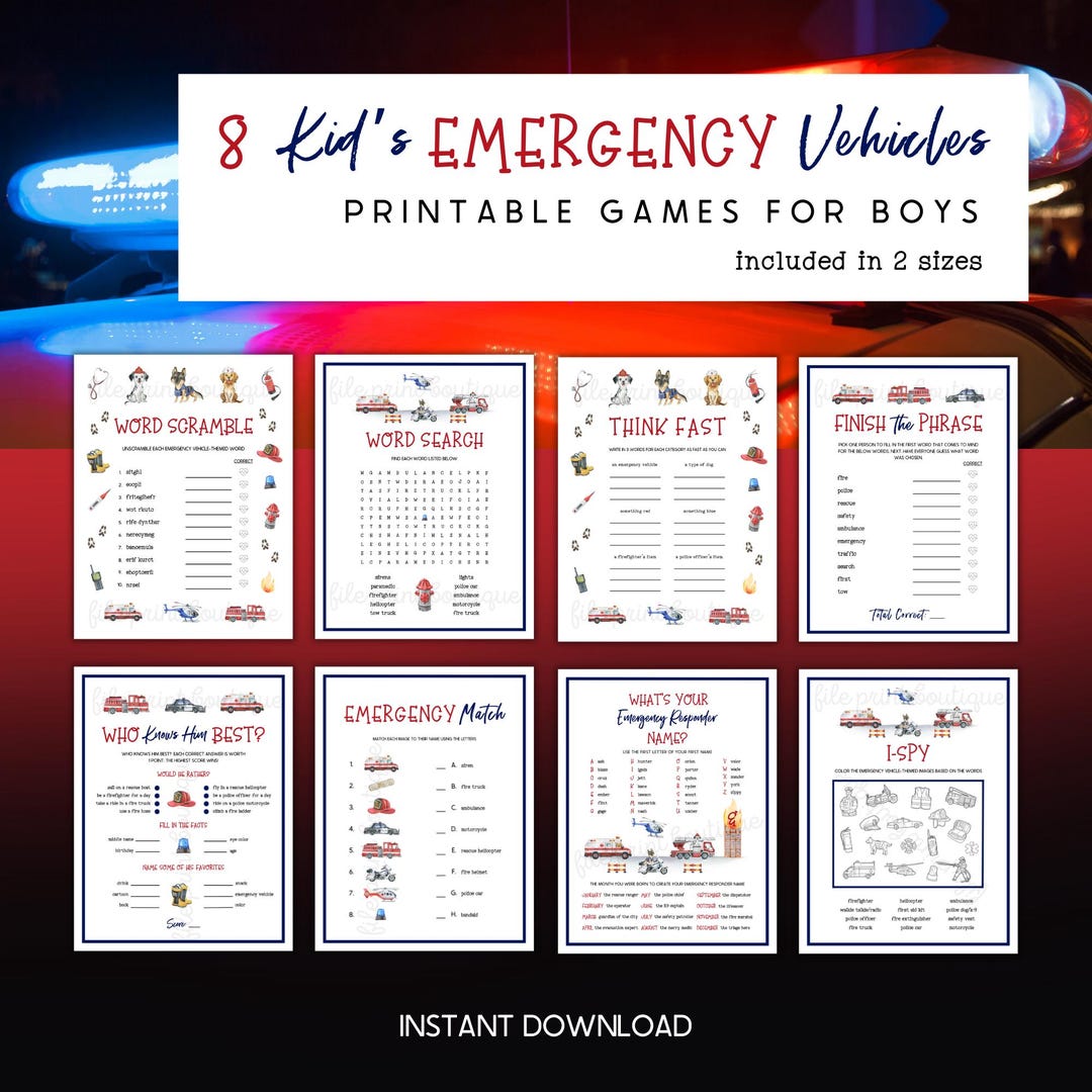 Emergency Vehicles Party Games: Printable Birthday Activities (digital ...