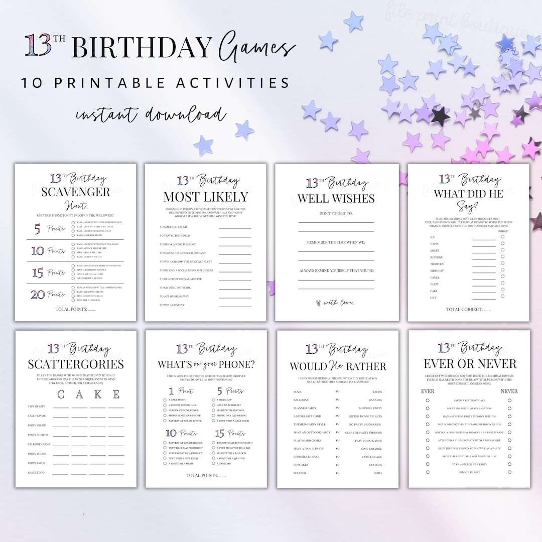 13th Birthday Printable Games for Boys, 13th Birthday Scavenger Hunt ...