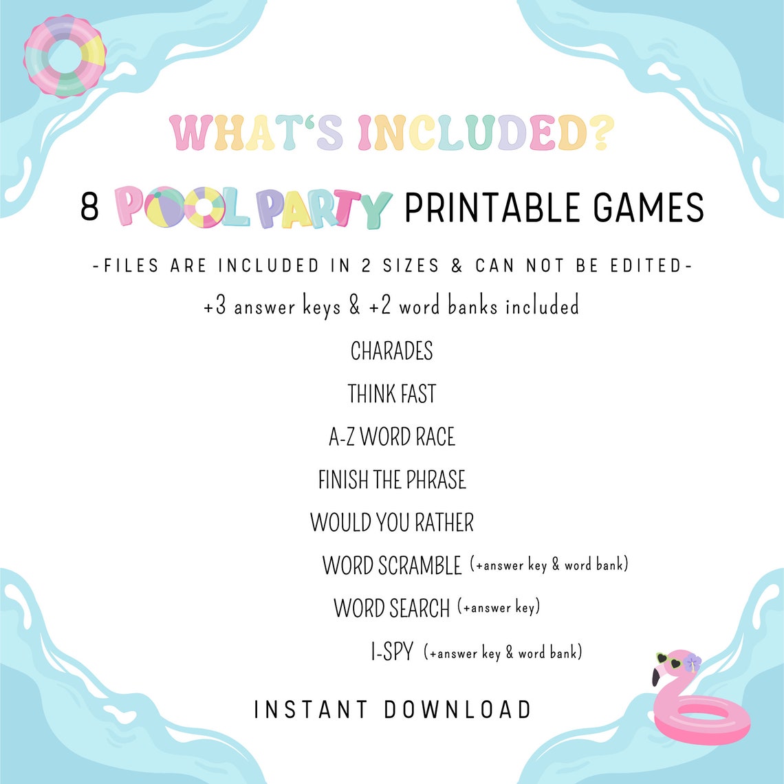 Pool Party Games for Kids Printable, Printable Pool Party Games, Pool ...