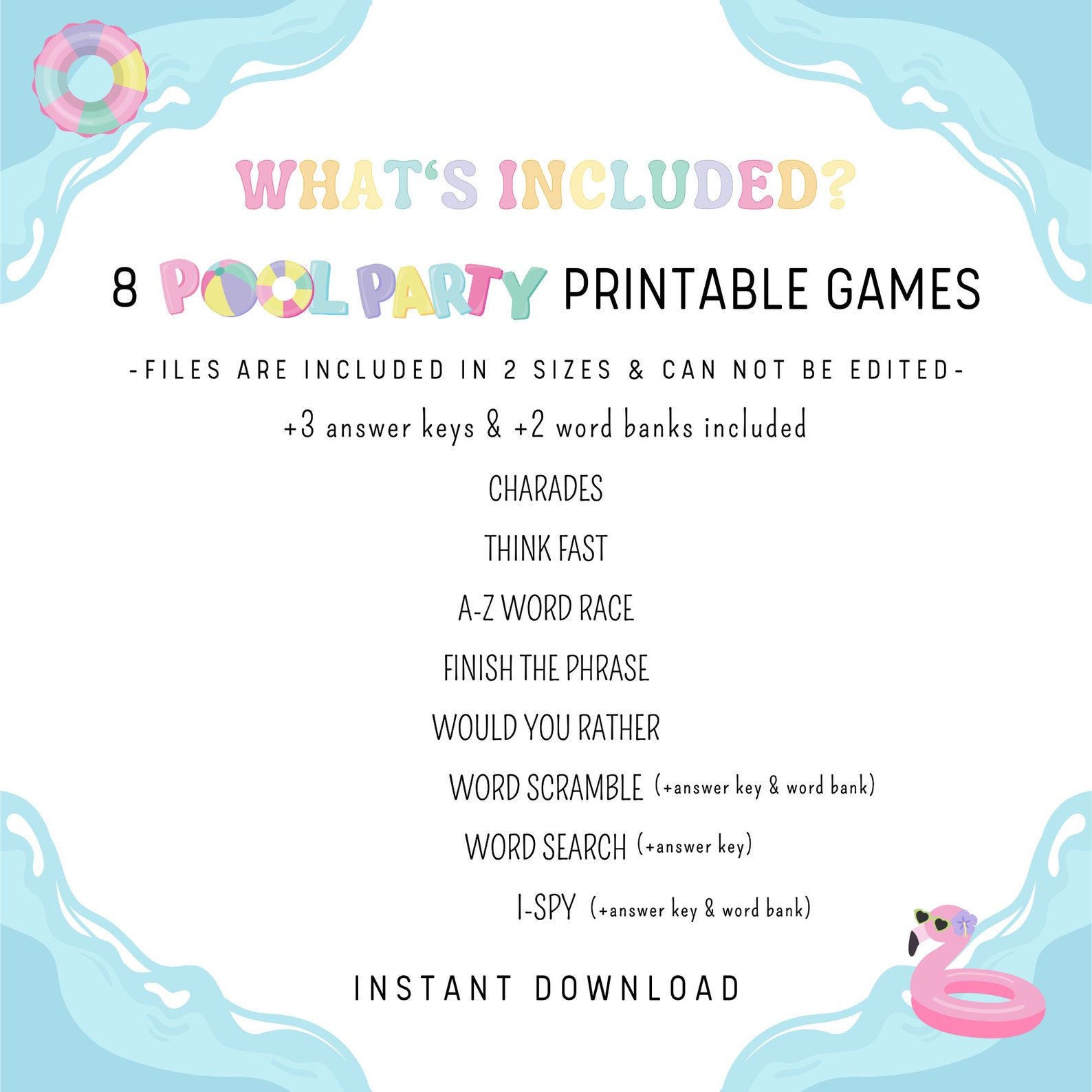 Pool Party Games for Kids Printable, Printable Pool Party Games, Pool ...
