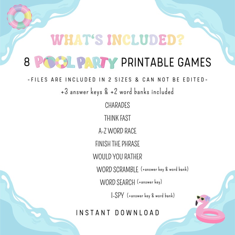 Pool Party Games for Kids Printable, Printable Pool Party Games, Pool ...