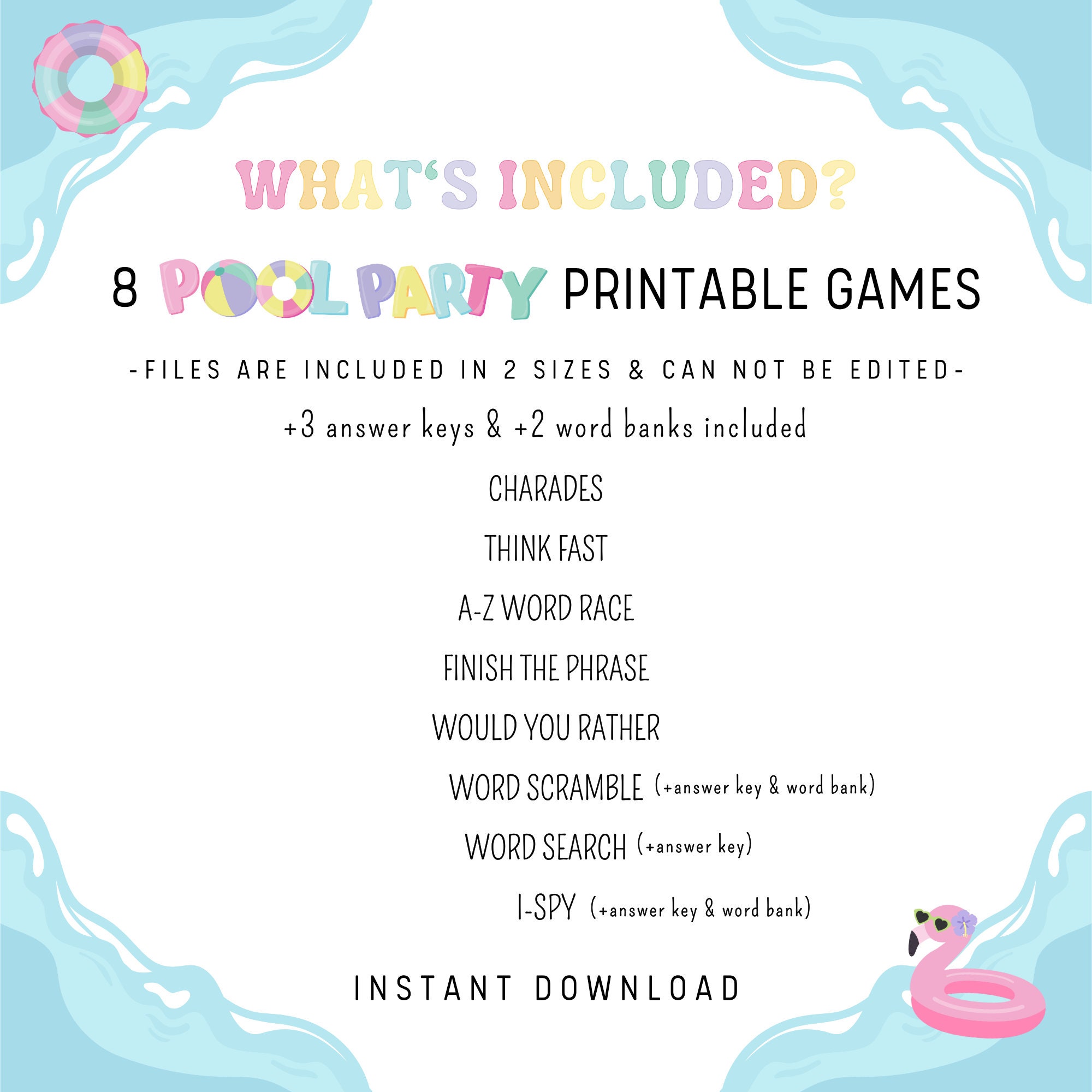 Pool Party Games for Kids Printable, Printable Pool Party Games, Pool ...