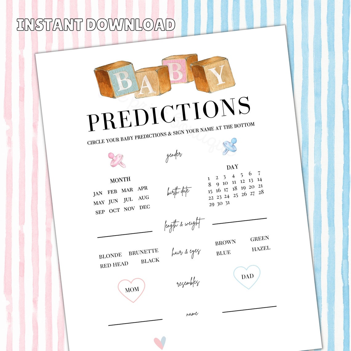 Printable Baby Predictions Game Baby Shower Game Gender - Etsy