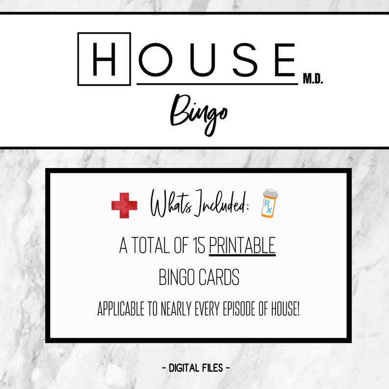 House MD Printable Bingo, House Bingo, House TV Show, House Viewing ...