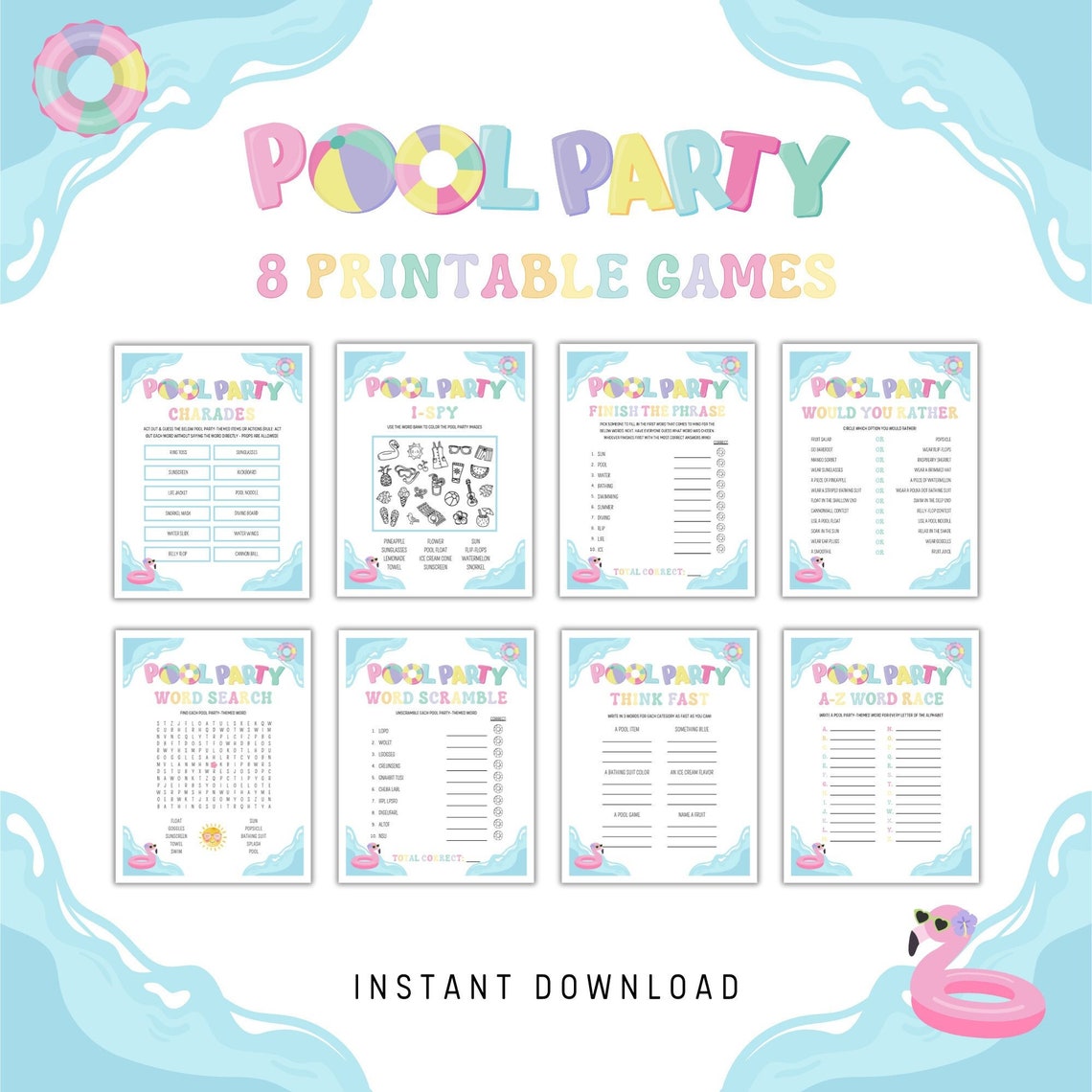 Pool Party Games for Kids Printable, Printable Pool Party Games, Pool ...