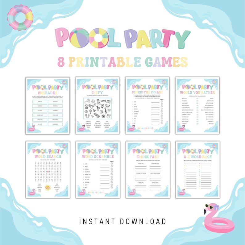 Pool Party Games for Kids Printable, Printable Pool Party Games, Pool ...