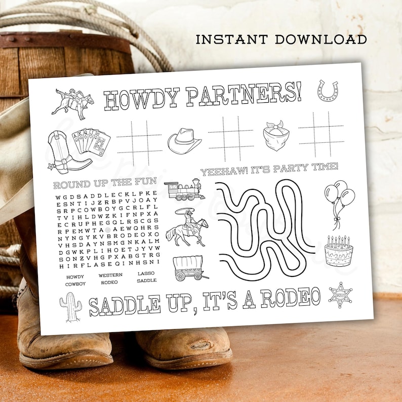 Cowboy Birthday Activity Page: Printable Coloring Placemat (digital ...