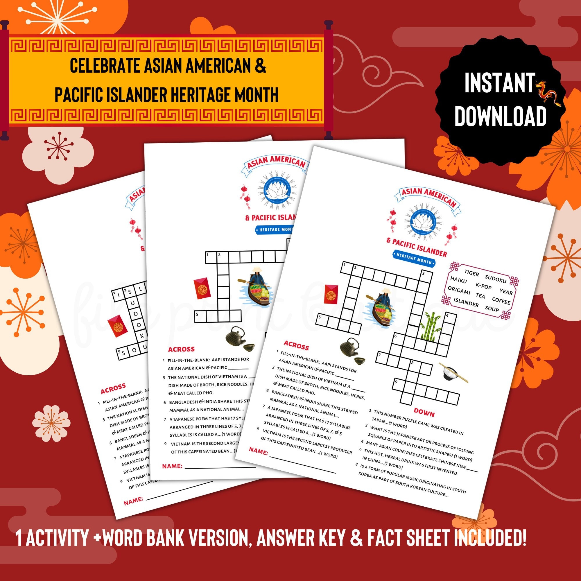 AAPI Heritage Month Crossword Puzzle: Kid's Printable Activity (digital ...