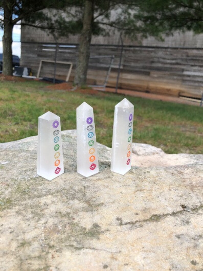 Selenite and 7 Chakras Obelisk Tower Point Healing Crystal - Etsy