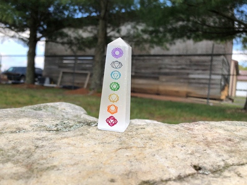Selenite and 7 Chakras Obelisk Tower Point Healing Crystal | Etsy