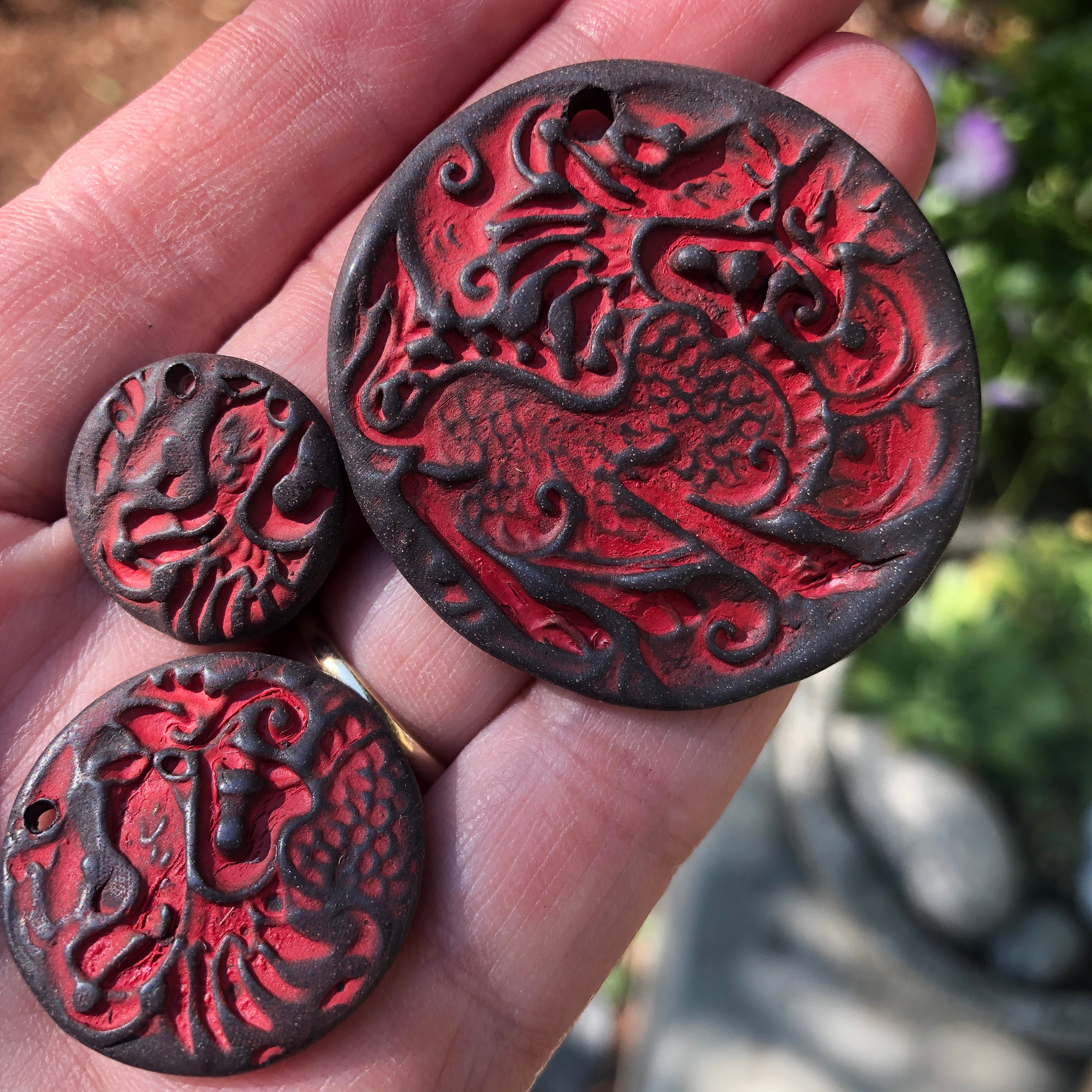 Red Dragon Pottery Pendant and Charms -artisan Dragon Pendant Necklace ...
