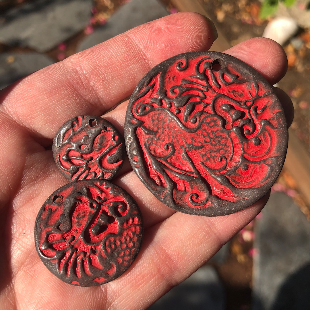 Red Dragon Pottery Pendant and Charms -artisan Dragon Pendant Necklace ...