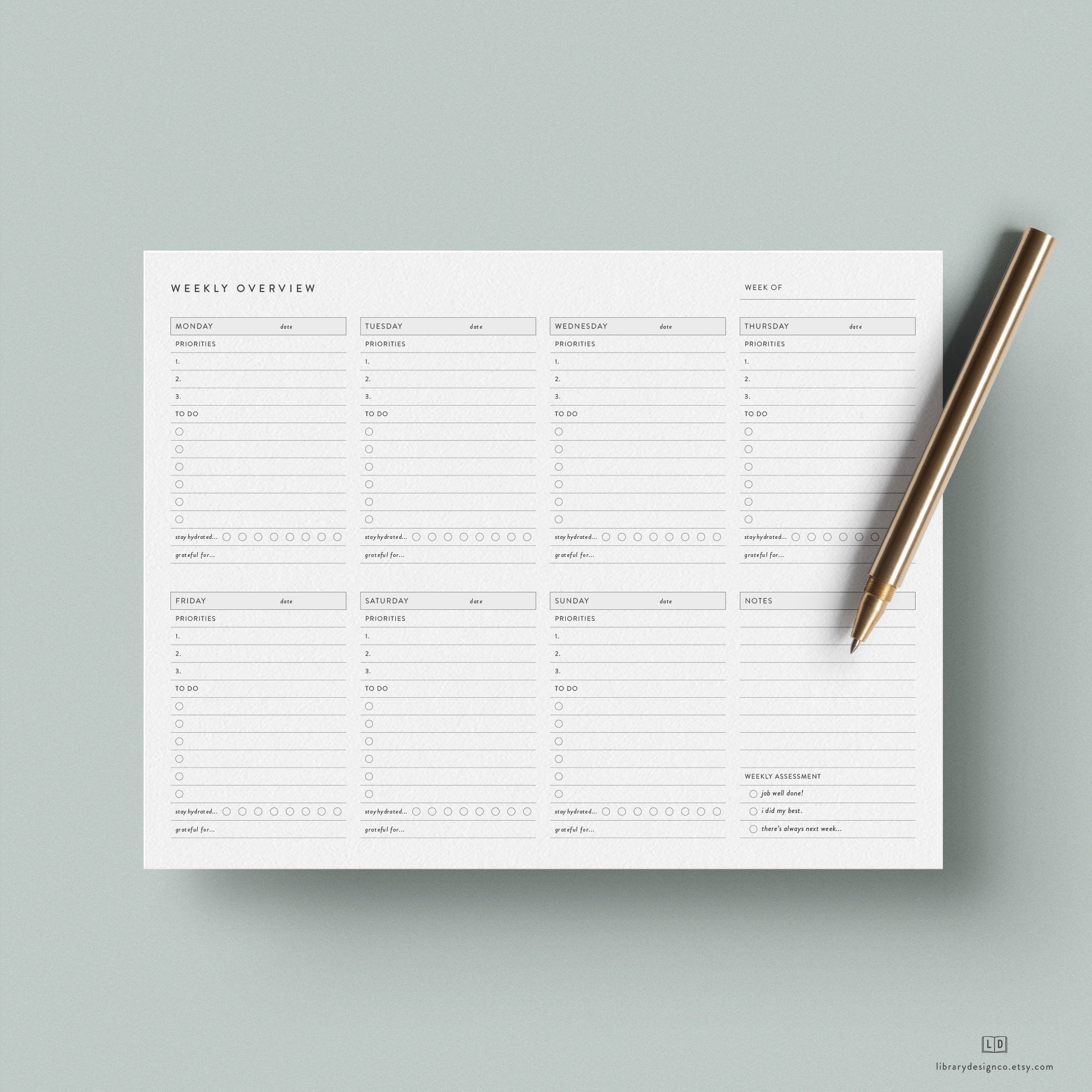 Weekly Overview Planner Printable Download instant Download Letter Size ...