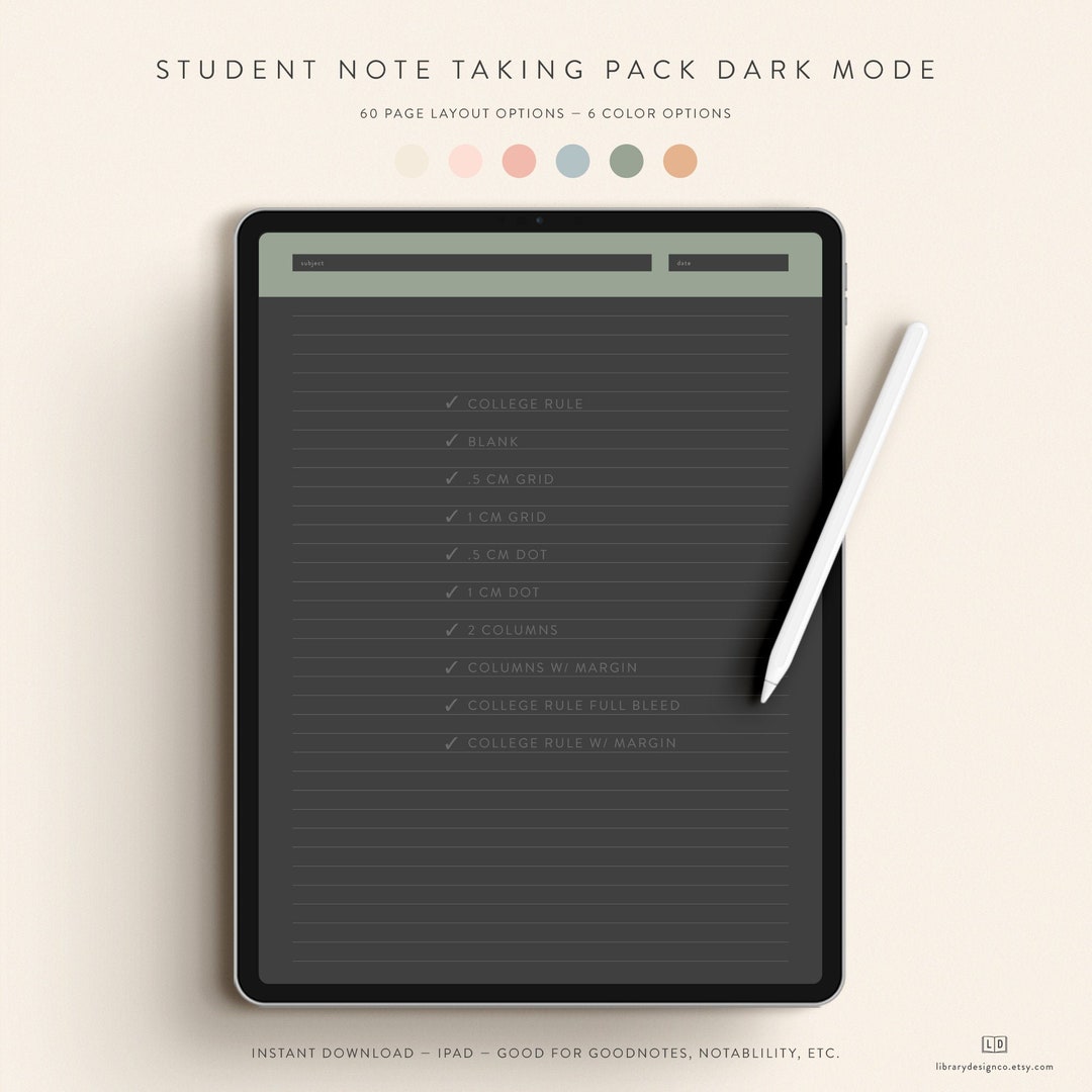 Student Note Taking Pack Dark Mode Download — 60 Page Options — Instant ...
