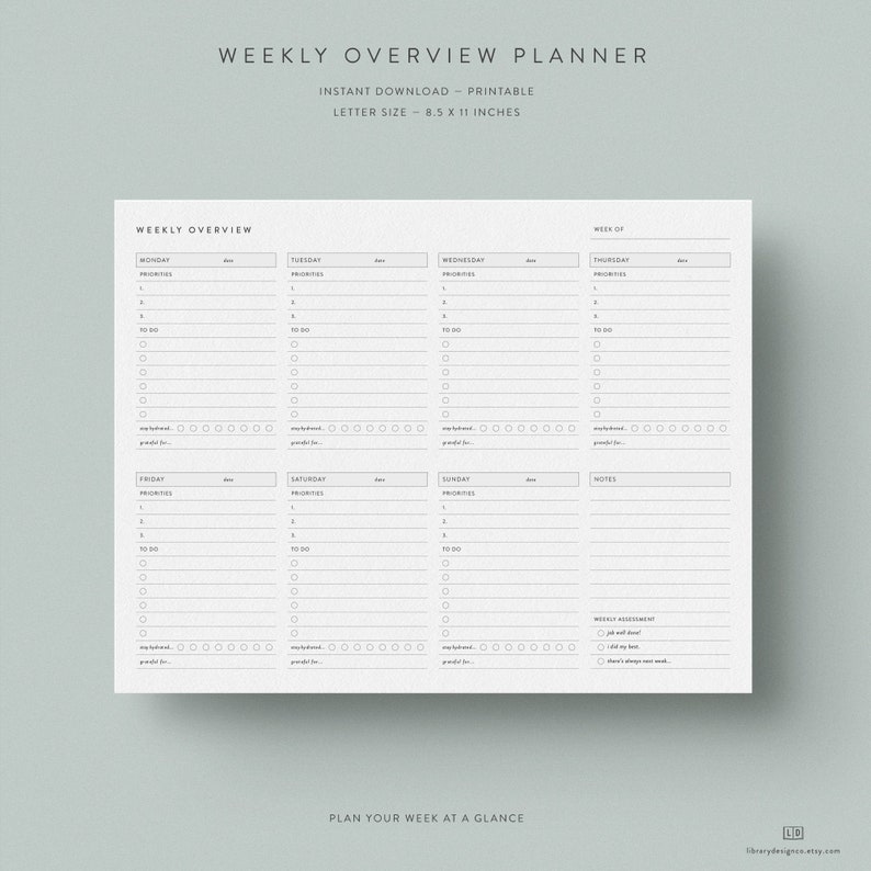 Weekly Overview Planner Printable Download — instant Download — Letter ...