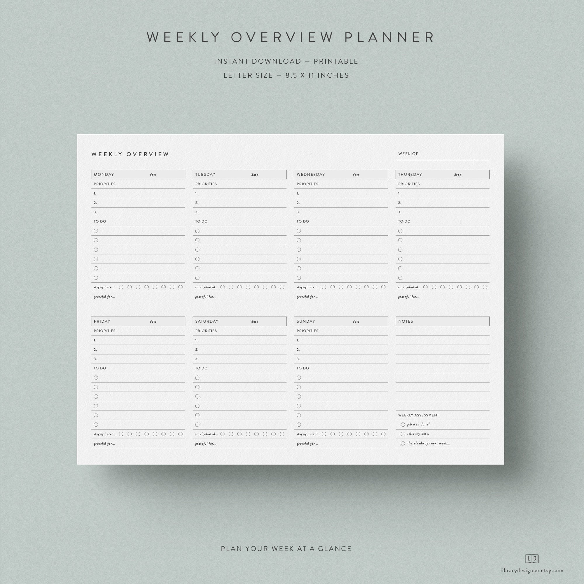 Weekly Overview Planner Printable Download instant Download Letter Size ...