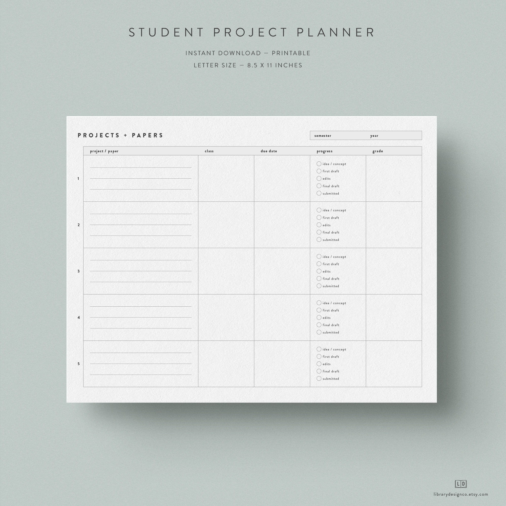 Student Project Planner Printable Download — instant Download — Letter ...