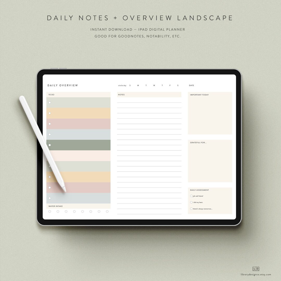 Undated Daily Overview + Notes Landscape iPad Download — 10 Color ...