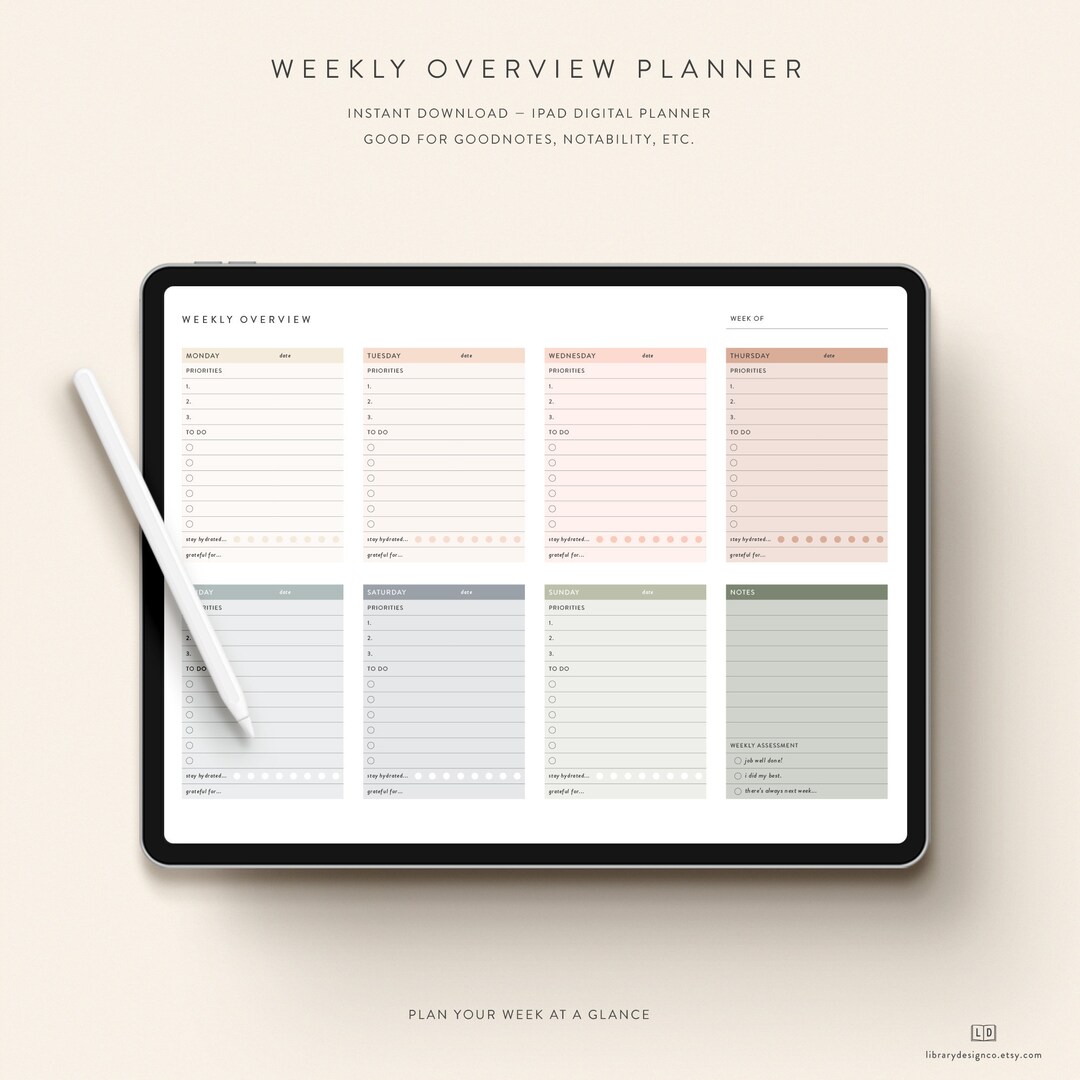 Weekly Overview Planner iPad Download — 10 Color Options — Notability ...