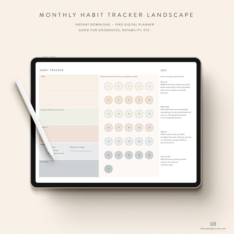 Monthly Habit Tracker iPad Download Landscape — 10 Color Options ...