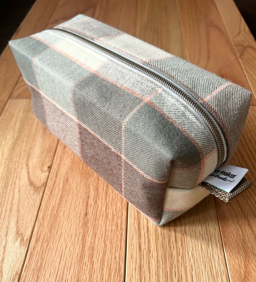Green, Brown and Cream Plaid Flannel Box Pouch, Toiletry Bag, Flat ...