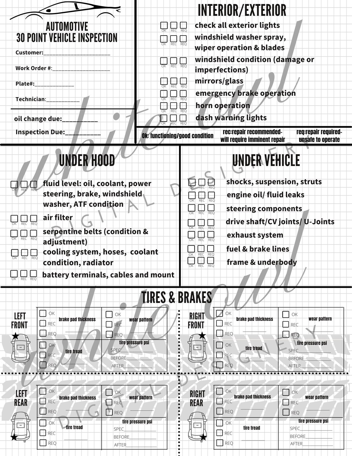 Professional Automotive 30 Point Car Inspection Checklist Worksheet ...