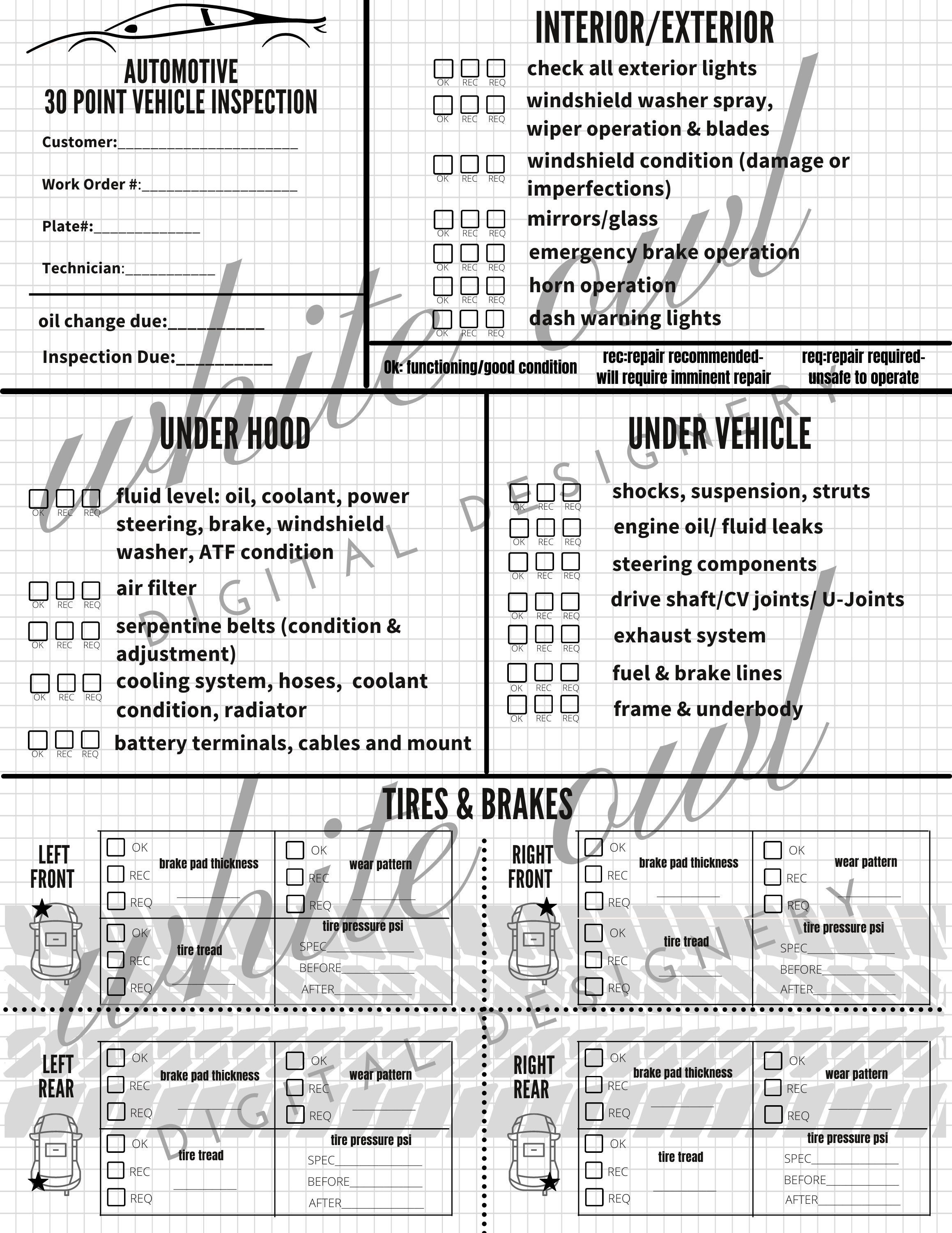 Professional Automotive 30 Point Car Inspection Checklist Worksheet ...